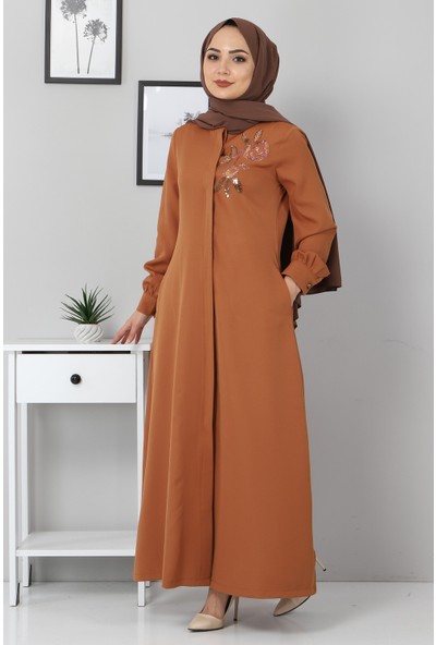 Nakış Detaylı Tesettür Ferace Taba