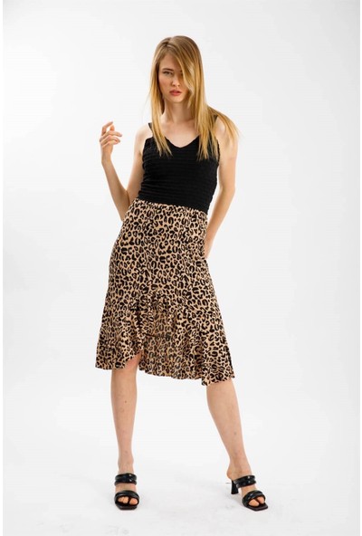 Hn Tekstil - Renk Fırfırlı Leopar Etek - Kahverengi S