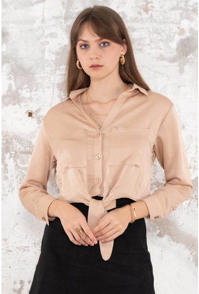 Hn Tekstil - Renk Belden Bağlamalı Saten Gömlek - Sütlü Kahve S