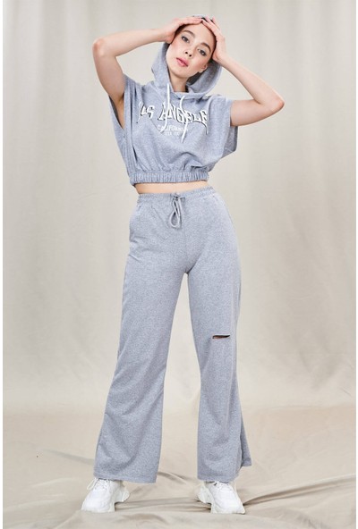 Hn Tekstil - Renk Yırtık Detaylı Bol Paça Eşofman Altı - Gri S Hn Tekstil - Renk Yırtık Detaylı Bol Paça Eşofman Altı - Gri S