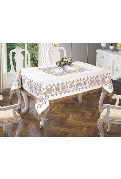 Cömert's Beyaz Masa Örtüsü Güpürlü Kilim Desenli Yemek Masası Örtüsü