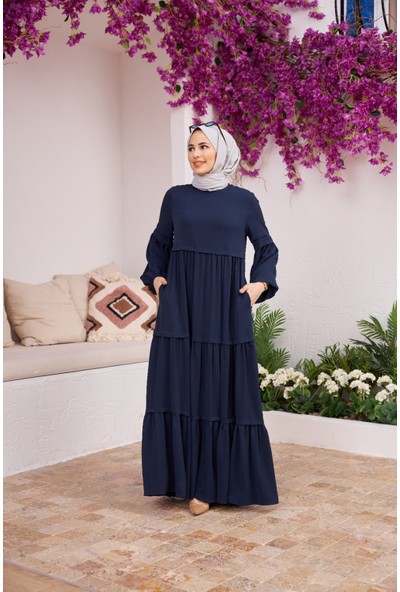 Neways Krep Büzgülü Elbise Lacivert 6510 Neways Krep Büzgülü Elbise Lacivert 6510