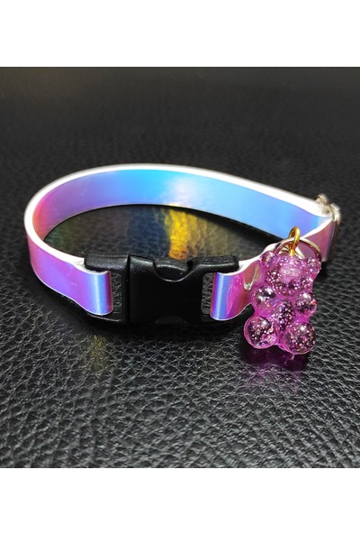 Caxbern Ayarlanabilir Hologram Simli Lila Jelibon Ayıcıklı Kedi ve Küçük Irk Köpek Tasması