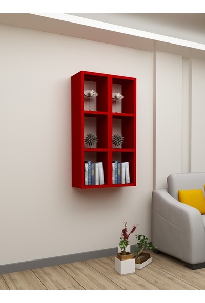 Dekormer Design Kitaplık Kırmızı Renk Duvar Rafı Ikili Takım