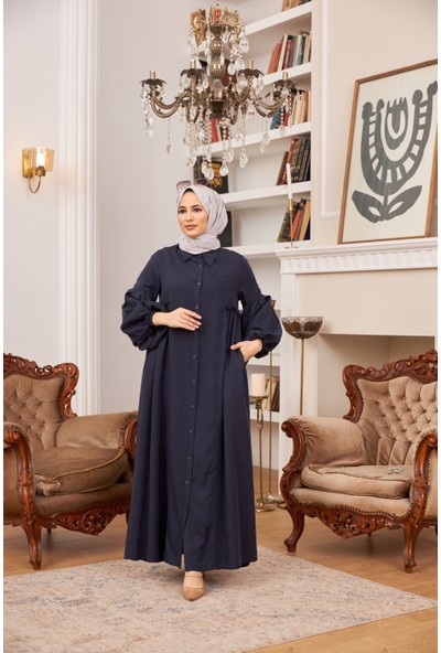 Balon Kollu Tensel Elbise Lacivert 6585
