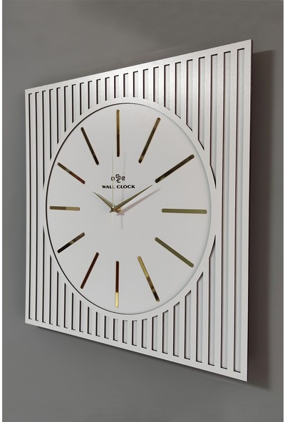 Kare Çizgi Desenli Gold Pleksi Beyaz Dekoratif Duvar Saati