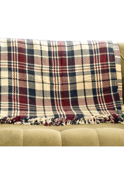 Buca Yün Ekose Desenli Exclusive Scotch Pamuk Battaniye, Çift Kişilik, Bordo, Lacivert, Beyaz