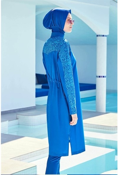 HSM-2927 Nazenin Desenli Patlı Fermuarlı Saks Mavisi Tesettür Mayo