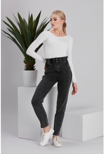 Entiti Koyu Gri Yüksek Bel Boru Paça Boyfriend Pantolon