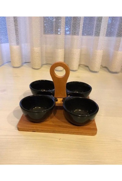 Ahşap Standlı Saplı Seramik Sosluk 4'lü Ahşap Standlı Saplı Seramik Sosluk 4'lü