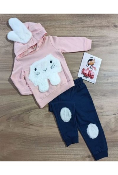 Tüylü Tavşan Figürlü, Dizlik Detaylı Kız Çocuk Takım