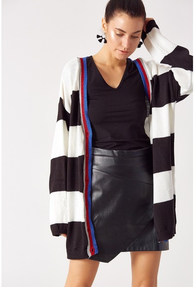 Kadın Çizgili Triko Hırka Siyah