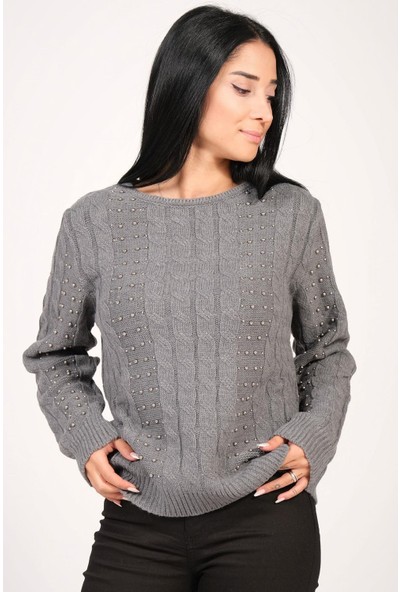 Kadın Sıfır Yaka Boncuk Işlemeli Kazak Antrasit