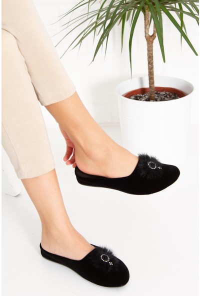 Shoemix Kadın Siyah Tüylü Ev Terliği