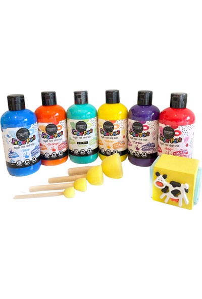 Mammacomica Dough Mammacomicadough 6'lı Yıkanabilir Parmak Boyası- 6*250ML -4'lü Tampon Sünger ve Eva Küp Hediye