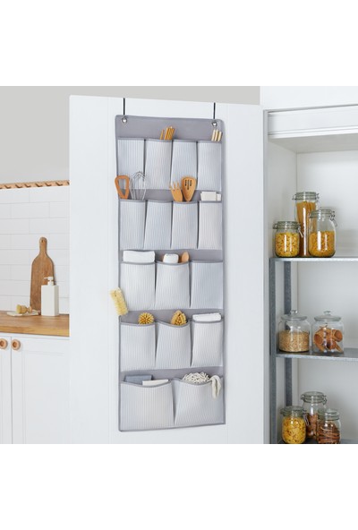 Ocean Home Gri Çizgili 16 Gözlü Kapı Arkası Organizer