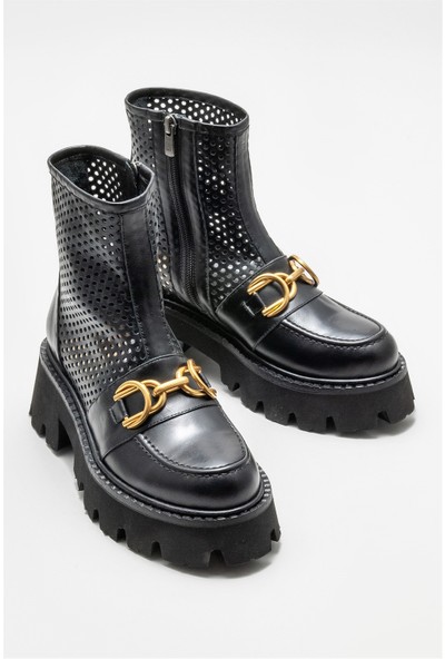 Elle Shoes Siyah Deri Kadın Düz Bot