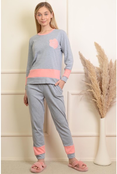 Pınkmark Kadın Gri Pudra Nakış Detaylı Pijama Takımı PMTK25439