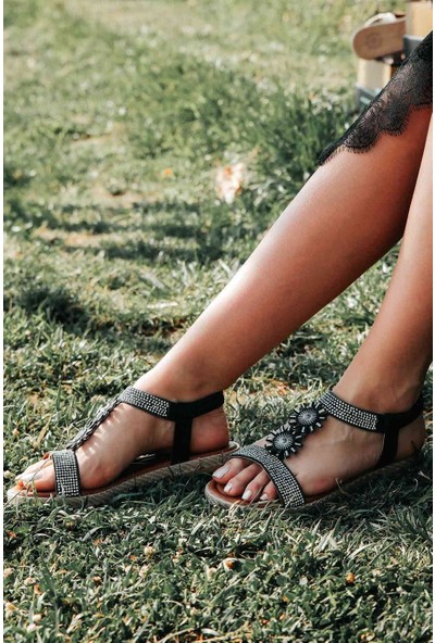 Spoty Shopping Eddy Siyah Cilt Taşlı Sandalet