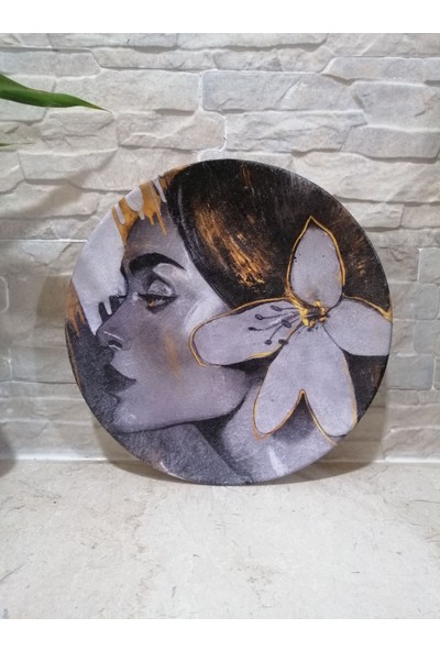 Ekinoks Art Çiçekli Bronz Kadın Desenli Porselen Dekoratif Tabak 25 cm Çap-Sabit Askı Ile