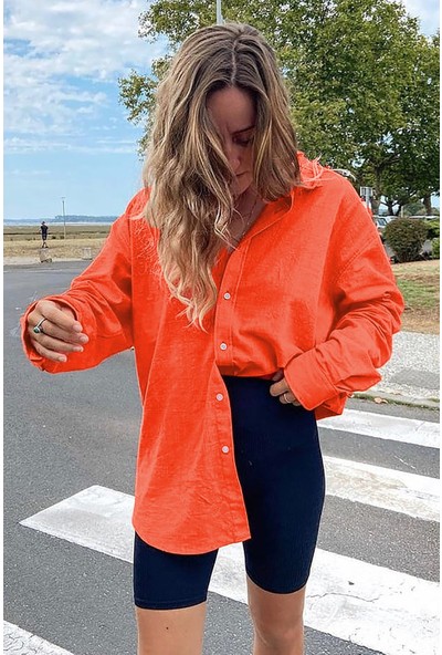Mad Girls Turuncu Oversize Keten Gömlek MG1369