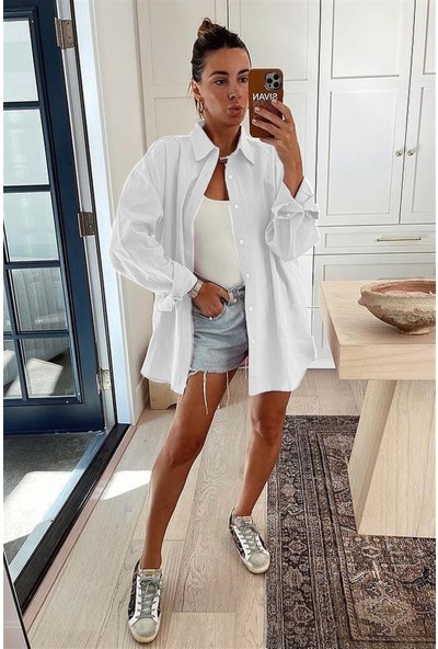 Mad Girls Beyaz Oversize Keten Gömlek MG1369