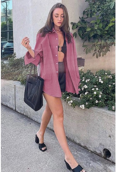 Mad Girls Pudra Oversize Keten Gömlek MG1369