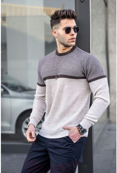 Madmext Kahverengi Renk Bloklu Erkek Kazak 4734