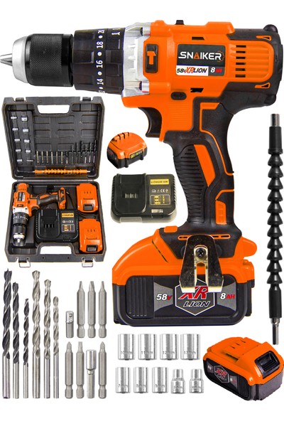 Snaiker Alman 58 V 8 Ah 13 mm Metal Mandren Darbeli Çift Akülü Vidalama Matkap + 27 Parça Pro Set Turuncu Snaiker Alman 58 V 8 Ah 13 mm Metal Mandren Darbeli Çift Akülü Vidalama Matkap + 27 Parça Pro Set Turuncu