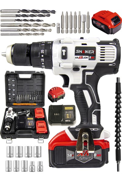 Snaiker Alman 58 V 8 Ah 13 mm Metal Mandren Darbeli Çift Akülü Vidalama Matkap + 27 Parça Pro Set Gri Snaiker Alman 58 V 8 Ah 13 mm Metal Mandren Darbeli Çift Akülü Vidalama Matkap + 27 Parça Pro Set Gri