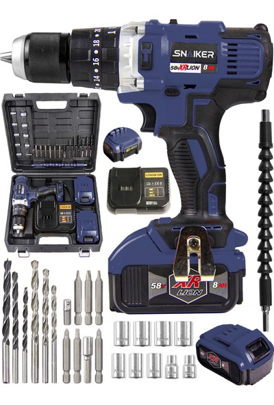 Snaiker Alman 58 V 8 Ah 13 mm Metal Mandren Darbeli Çift Akülü Vidalama Matkap + 27 Parça Pro Set Lacivert Snaiker Alman 58 V 8 Ah 13 mm Metal Mandren Darbeli Çift Akülü Vidalama Matkap + 27 Parça Pro Set Lacivert