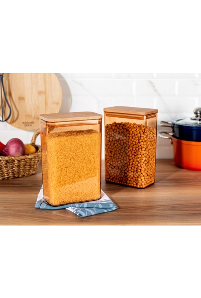 Madame Coco Diviera Ahşap Kapaklı Saklama Kabı 2'li - Amber - 2000 ml Madame Coco Diviera Ahşap Kapaklı Saklama Kabı 2'li - Amber - 2000 ml