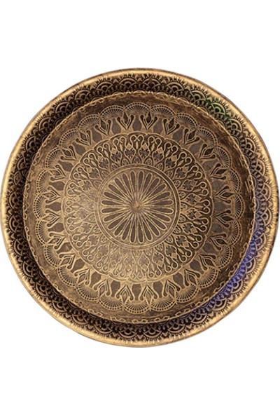 Ahşap Şehri Desenli Bakır Görünümlü Oval Sunum Tepsisi Ahşap Şehri Desenli Bakır Görünümlü Oval Sunum Tepsisi