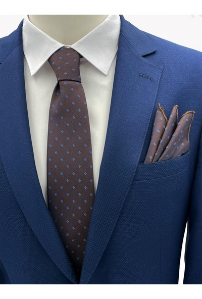 Brianze Kahverengi Mavi Desenli Kravat Mendil Set