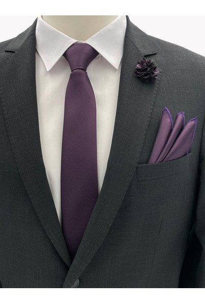 Brianze Mürdüm Kravat Mendil Yaka Çiçeği Set