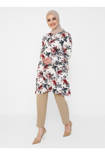 Tavin Doğal Kumaşlı Çiçek Desenli Tunik - Bordo - Tavin