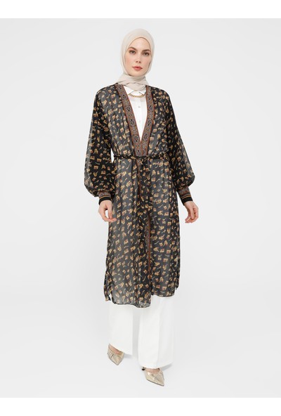 Refka Çiçek Desenli Kuşaklı Şifon Ferace Kimono - - Refka Woman