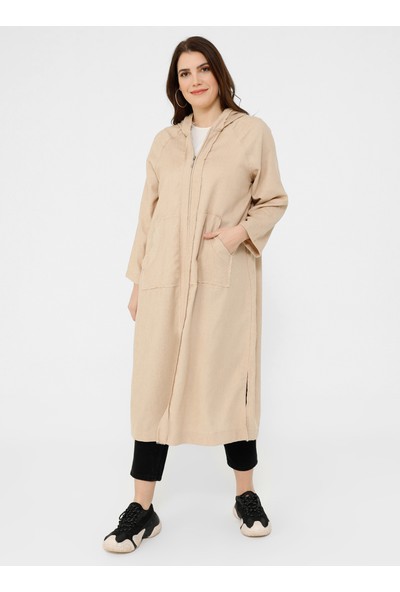 Alia Büyük Beden Kapüşonlu Cep Detaylı Kap - Vizon - Alia Alia Büyük Beden Kapüşonlu Cep Detaylı Kap - Vizon - Alia