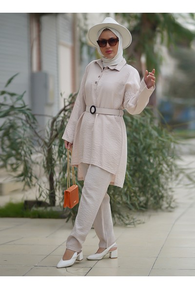 Por La Cara Beli Lastikli Kemerli Tunik&pantolon Ikili Takım - Taş - Por La Cara