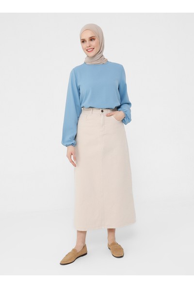 Refka Doğal Kumaşlı Cep Detaylı Kot Etek - Bej - Refka Casual