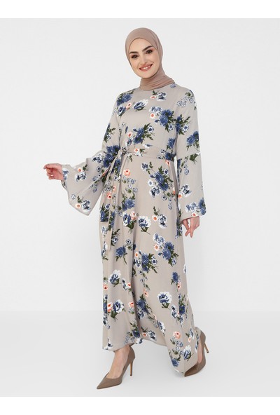Tavin Doğal Kumaşlı Kuşak Detaylı Desenli Elbise - Taş - Tavin