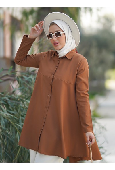 Por La Cara Önden Düğmeli Gömlek Tunik - Kahverengi - Por La Cara