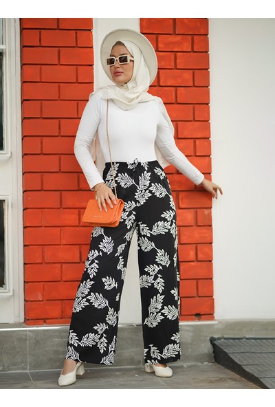 Por La Cara Beli Lastikli Bağcıklı Yaprak Desenli Salaş Pantolon - Siyah - Por La Cara Por La Cara Beli Lastikli Bağcıklı Yaprak Desenli Salaş Pantolon - Siyah - Por La Cara