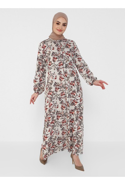 Tavin Doğal Kumaşlı Çiçek Desenli Elbise - Taş - Tavin