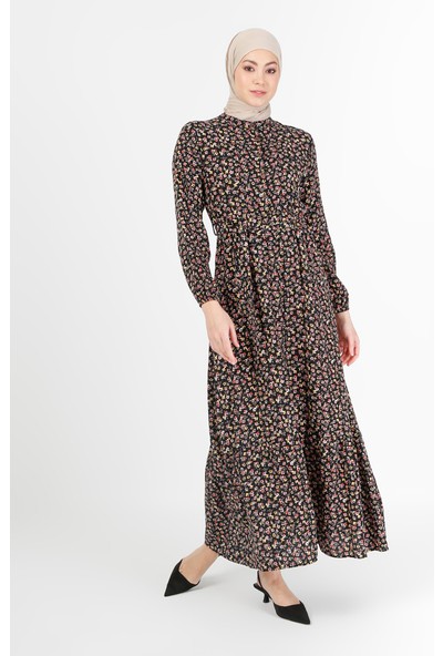 Zenane Çiçek Desenli Elbise - Siyah - Zenane