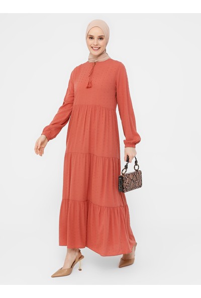 Refka Nopeli Kumaş Püskül Detaylı Elbise - Kiremit - Refka Casual Refka Nopeli Kumaş Püskül Detaylı Elbise - Kiremit - Refka Casual