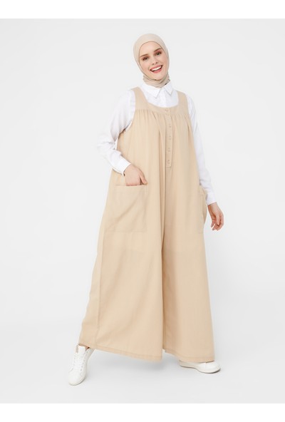 Benin Kalın Askılı Düğme ve Cep Detaylı Salaş Tulum - Camel - Benin Benin Kalın Askılı Düğme ve Cep Detaylı Salaş Tulum - Camel - Benin