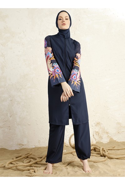 Mayo Bella Kolu Desenli Tam Kapalı Mayo - Lacivert - Mayo Bella