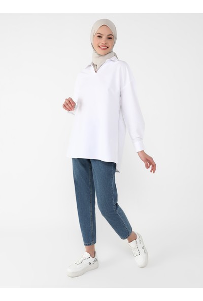 Refka Gömlek Yakalı Arkası Uzun Poplin Bluz - Off White - Refka Basic