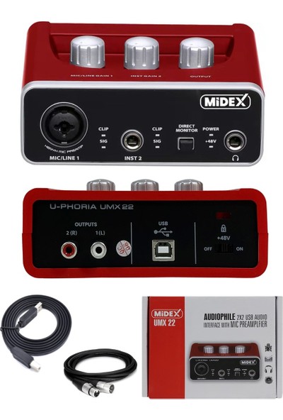 Midex Umx-22 Usb 2x2 Stüdyo Kayıt İçin Ses Kartı (XLR Kablo Hediye) Midex Umx-22 Usb 2x2 Stüdyo Kayıt İçin Ses Kartı (XLR Kablo Hediye)